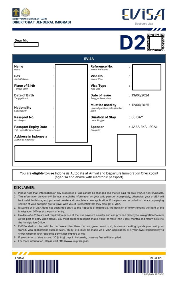 D2 Multiple Entry Visa - Jasa Eka, Bali, Indonesia