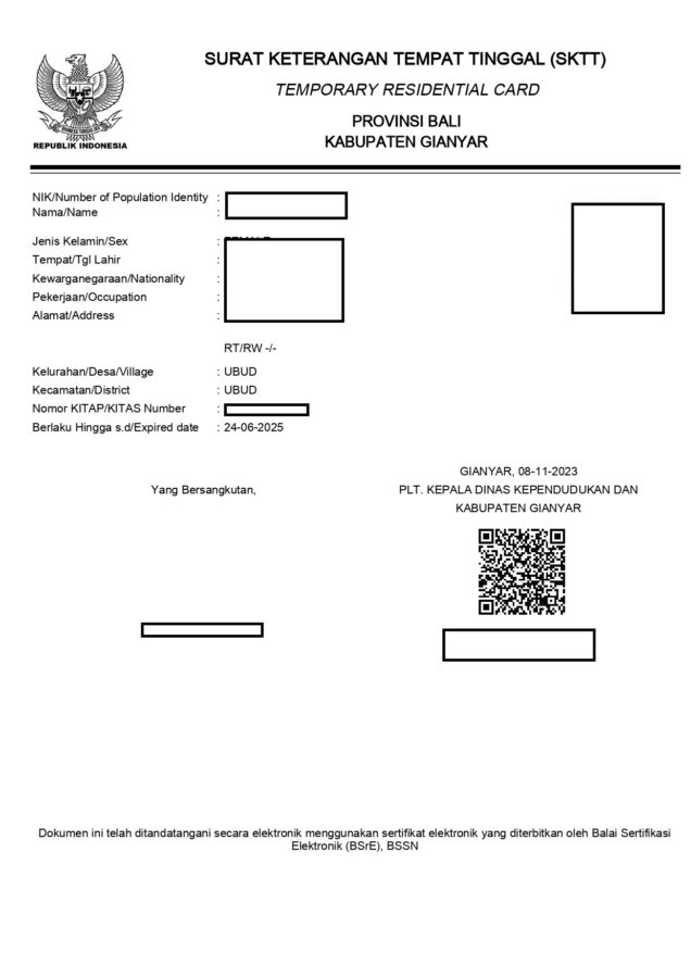 SKTT (temporary residential card) Denpasar area - Jasa Eka, Bali, Indonesia