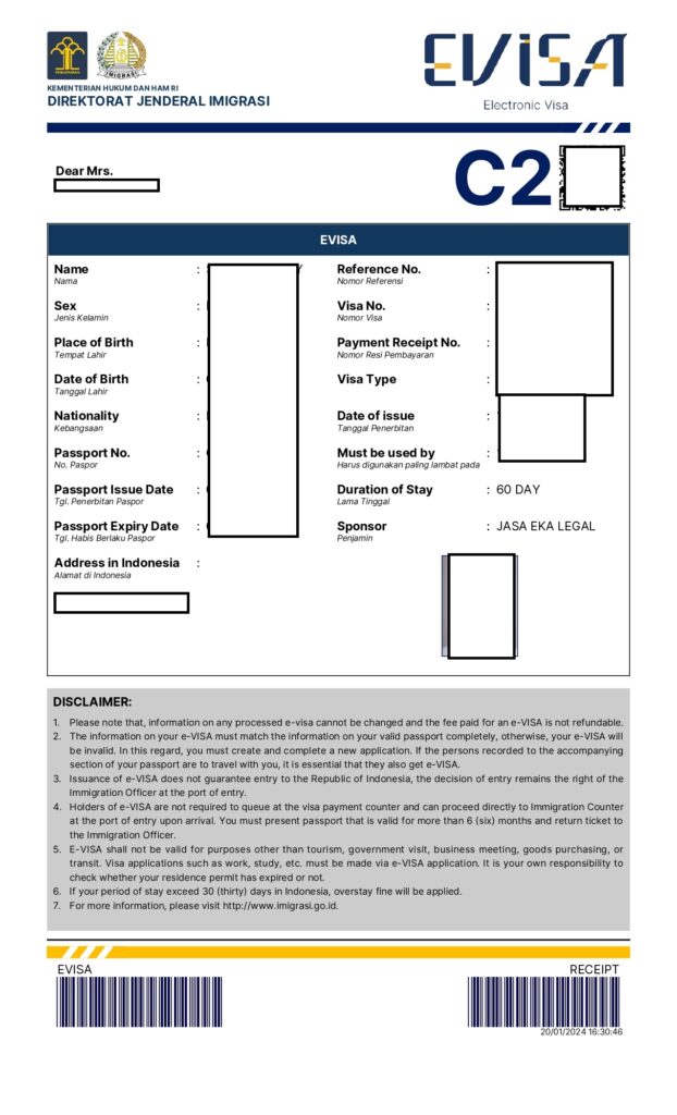 Single Entry Business visa C2 - Jasa Eka, Bali, Indonesia