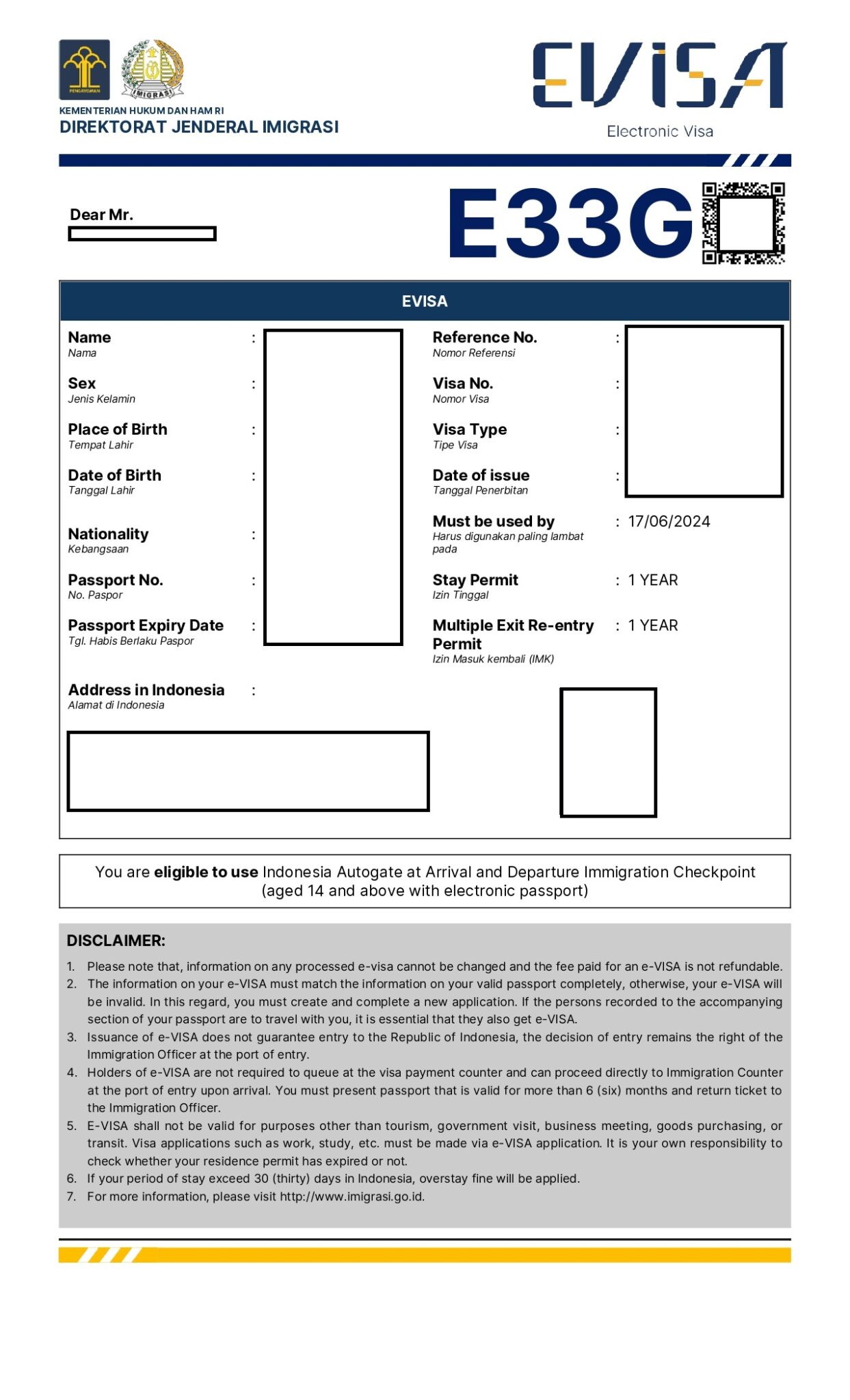 Visa Index E33G - Jasa Eka, Bali, Indonesia