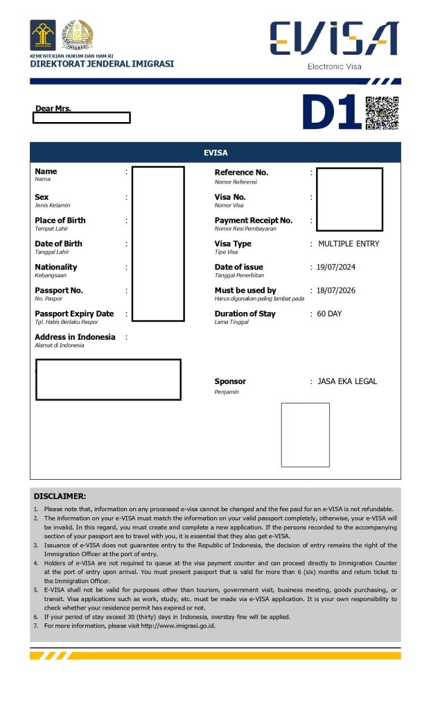 Multiple entry tourist visa D1 (2 years) - Jasa Eka, Bali, Indonesia